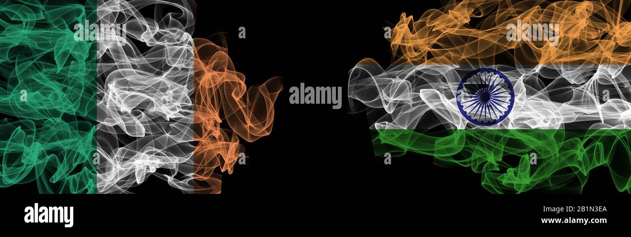 Flags of Ireland and India on Black background, Ireland vs India Smoke ...