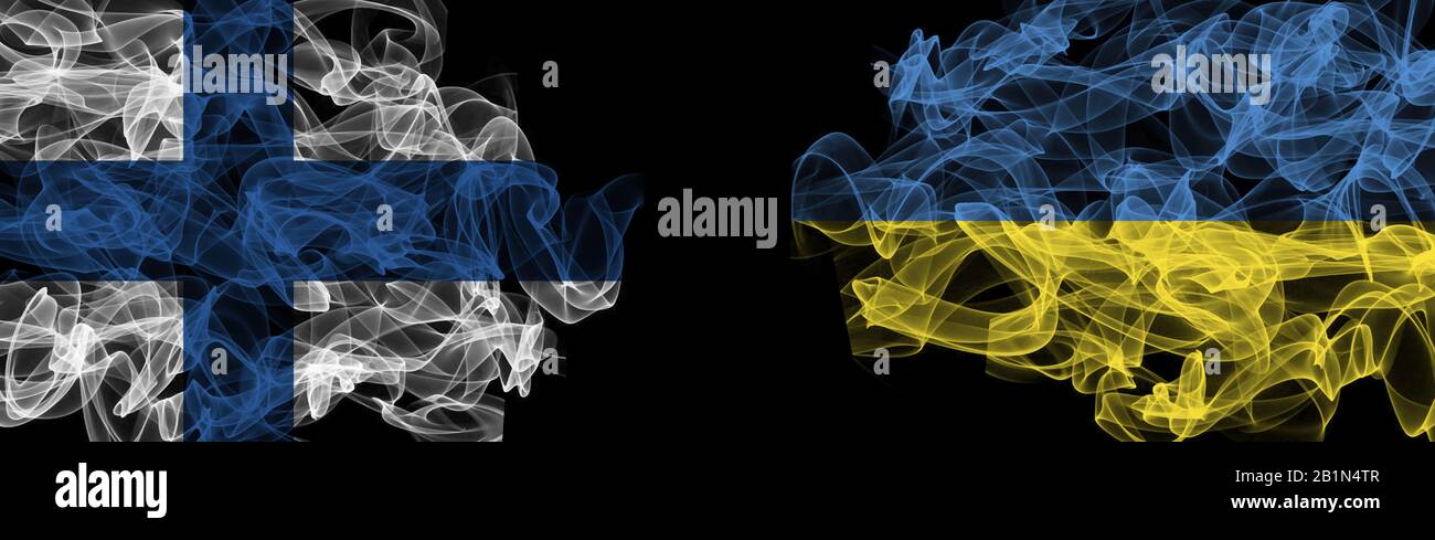 Flags of Finland and Ukraine on Black background, Finland vs Ukraine ...