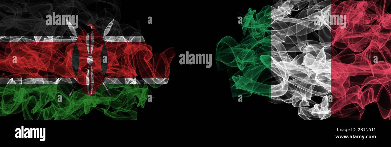 Flags of Kenya and Italy on Black background, Kenya vs Italy Smoke ...