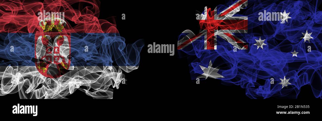 Flags of Serbia and Australia on Black background, Serbia vs Australia ...