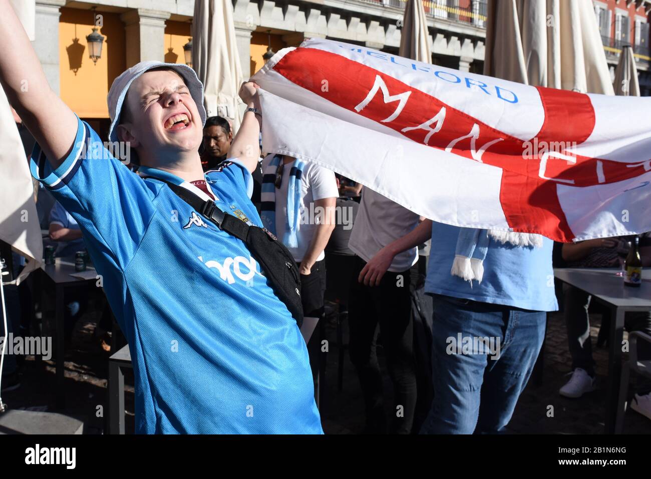 A Manchester City fan is seen shouting slogans at Mayor square.Around 3 ...