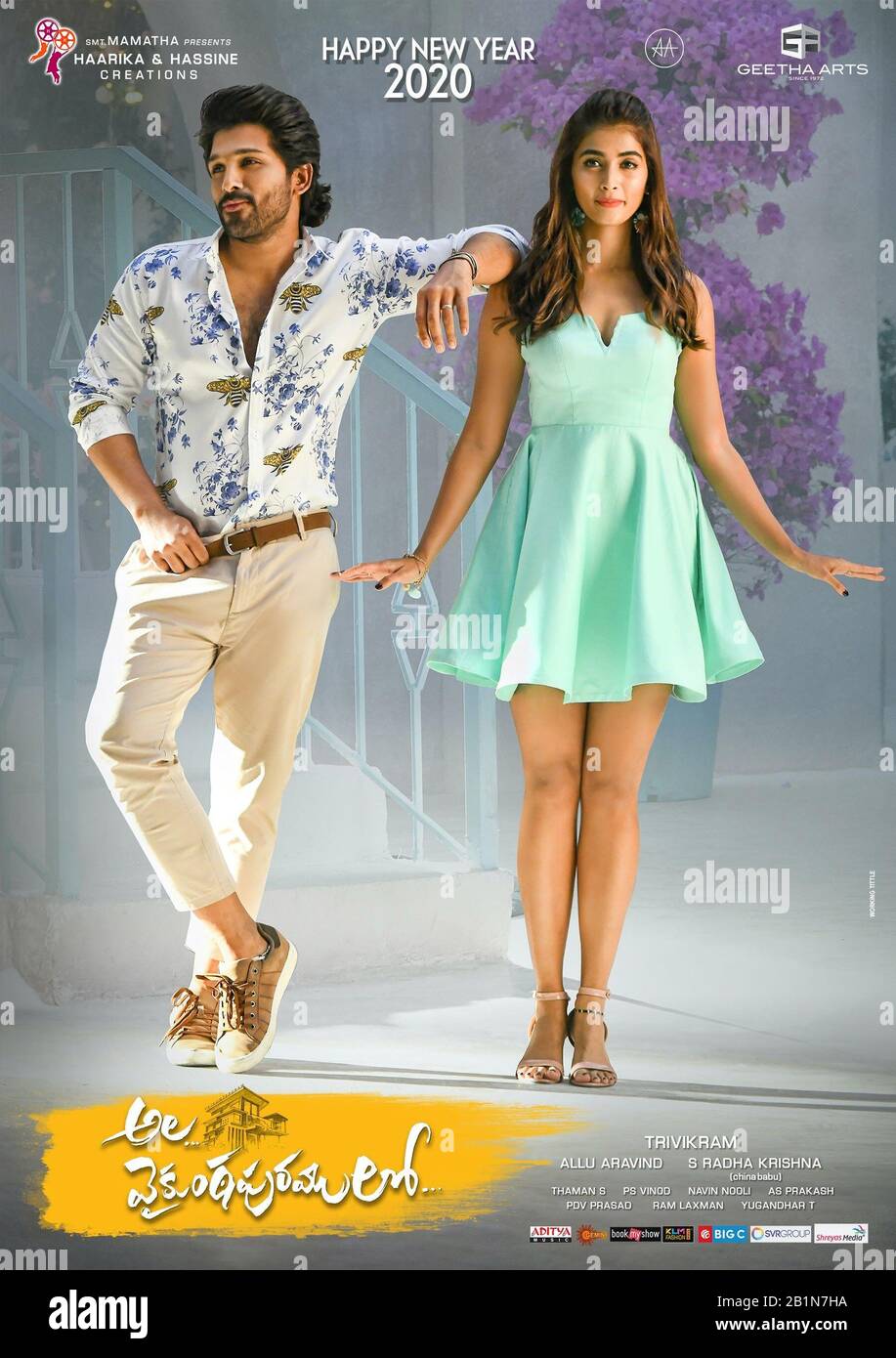 ALA VAIKUNTHAPURRAMULOO, Indian poster in Telugu and English, from left: Allu Arjun, Pooja Hegde ...
