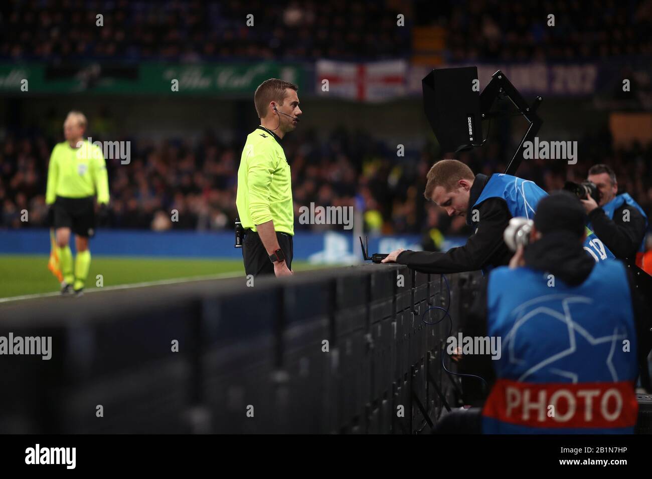 Referee, Clement Turpin reviews VAR screen after Marcos Alonso of ...