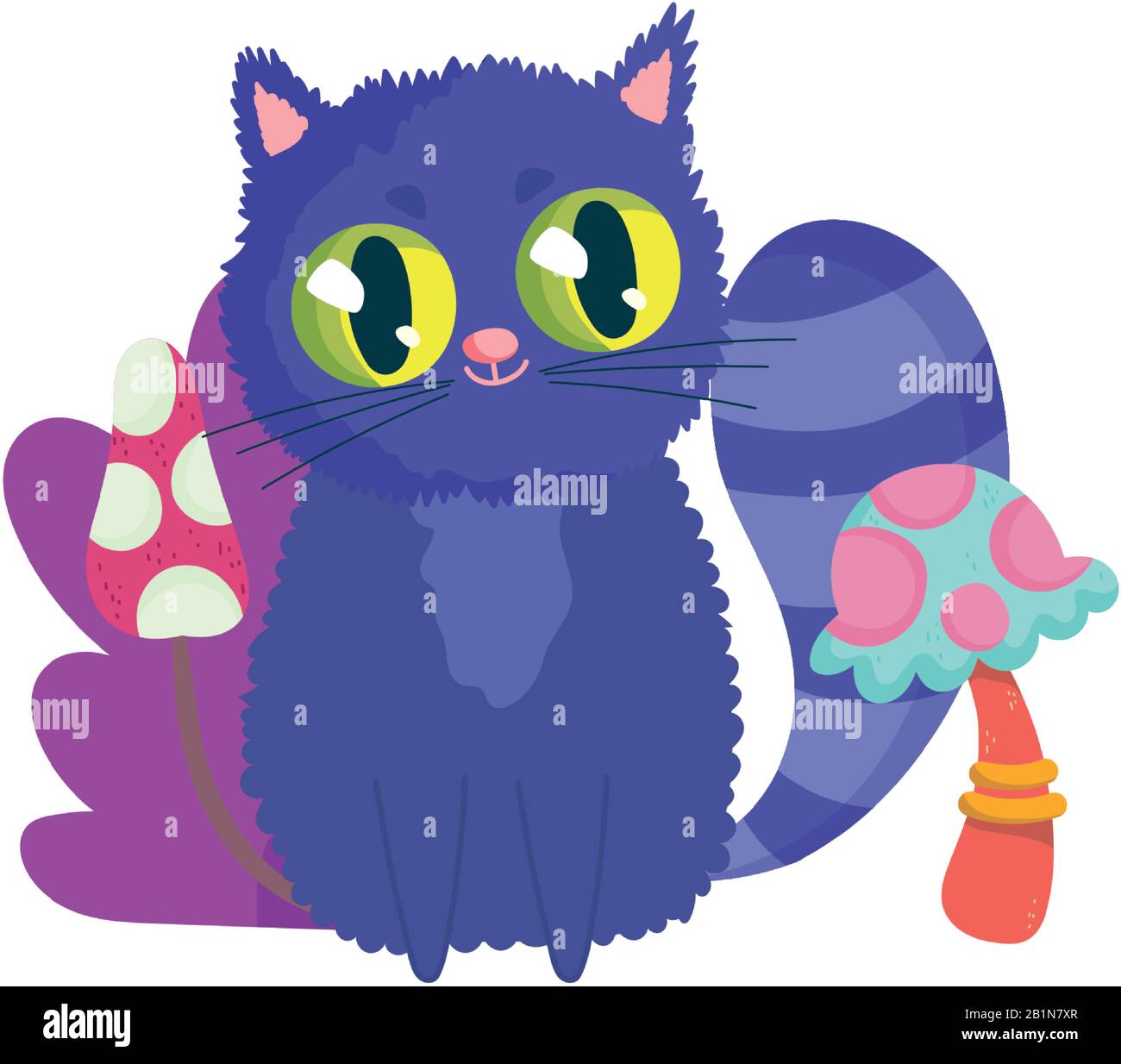 wonderland, cat with mushroom cartoon character vector illustration ...
