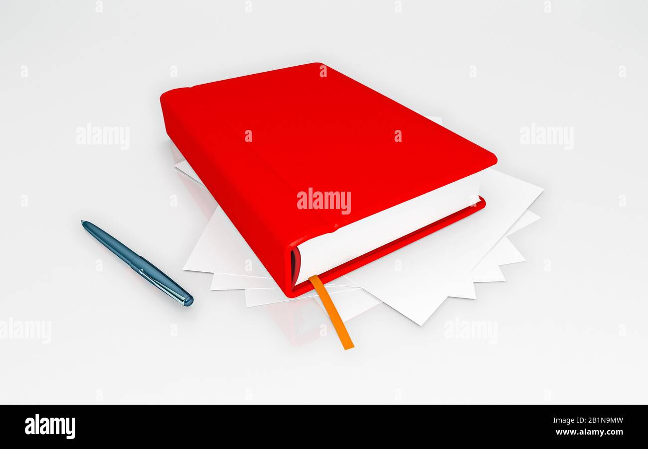 3D computer graphic, red notepad on a pile of white paper against white ...