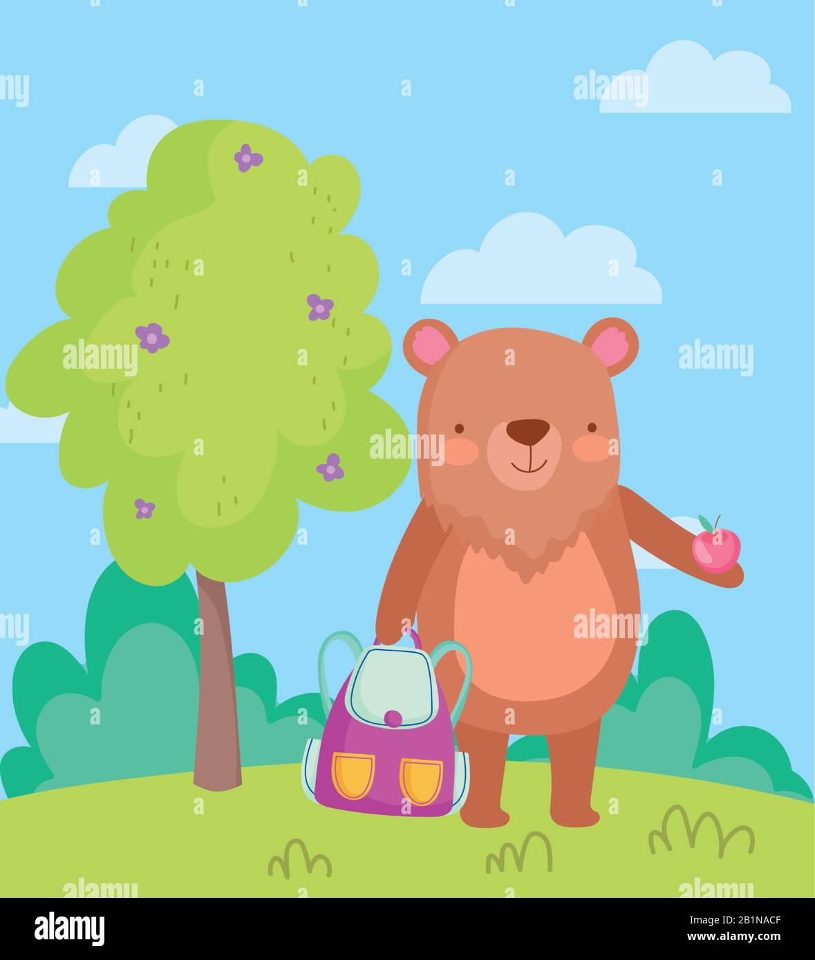 back to school, bear with backpack and apple vector illustration Stock ...