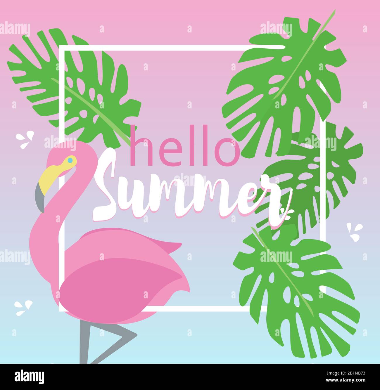 Hello Summer vector background with flamingo and tropical leaves Stock ...
