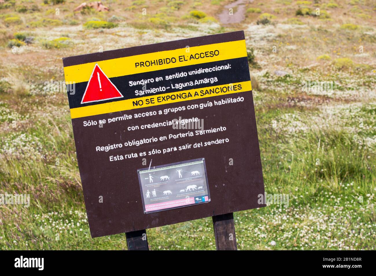 A warning sign about Puma in Torres del Paine national Park, Patagonia ...
