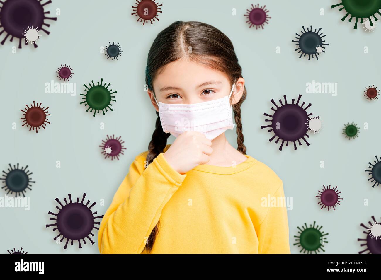 stressed little girl wearing Protection Mask against flu virus ...