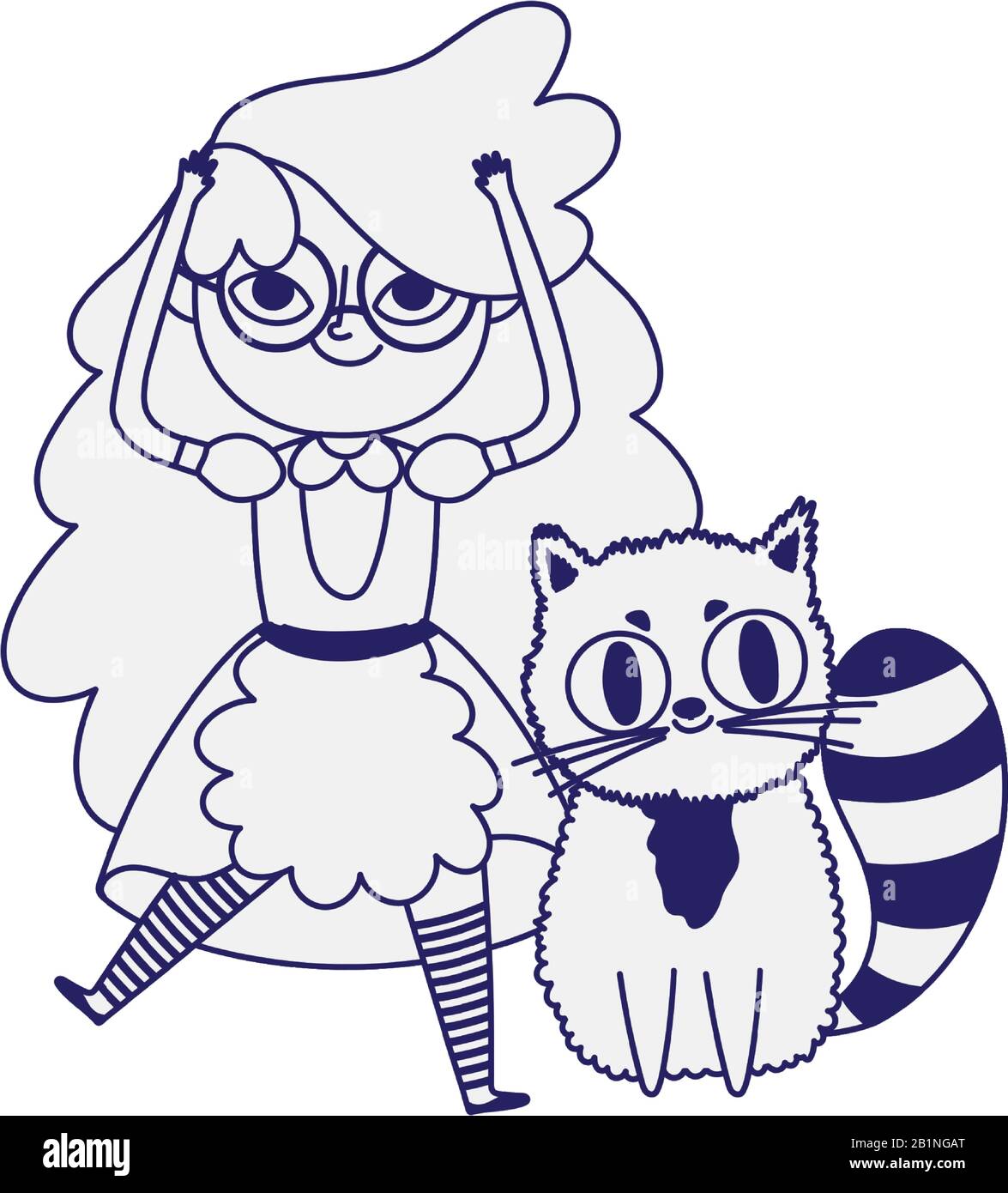 girl and cat wonderland cartoon characters vector illustration line ...