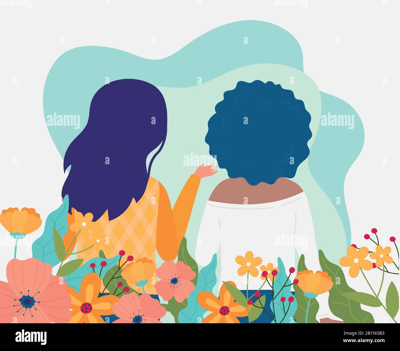 hello spring back view women flowers foliage decoration vector ...