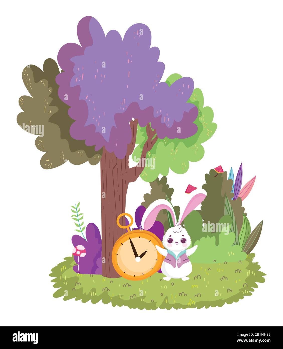 wonderland, rabbit and clock tree bush foliage cartoon vector ...