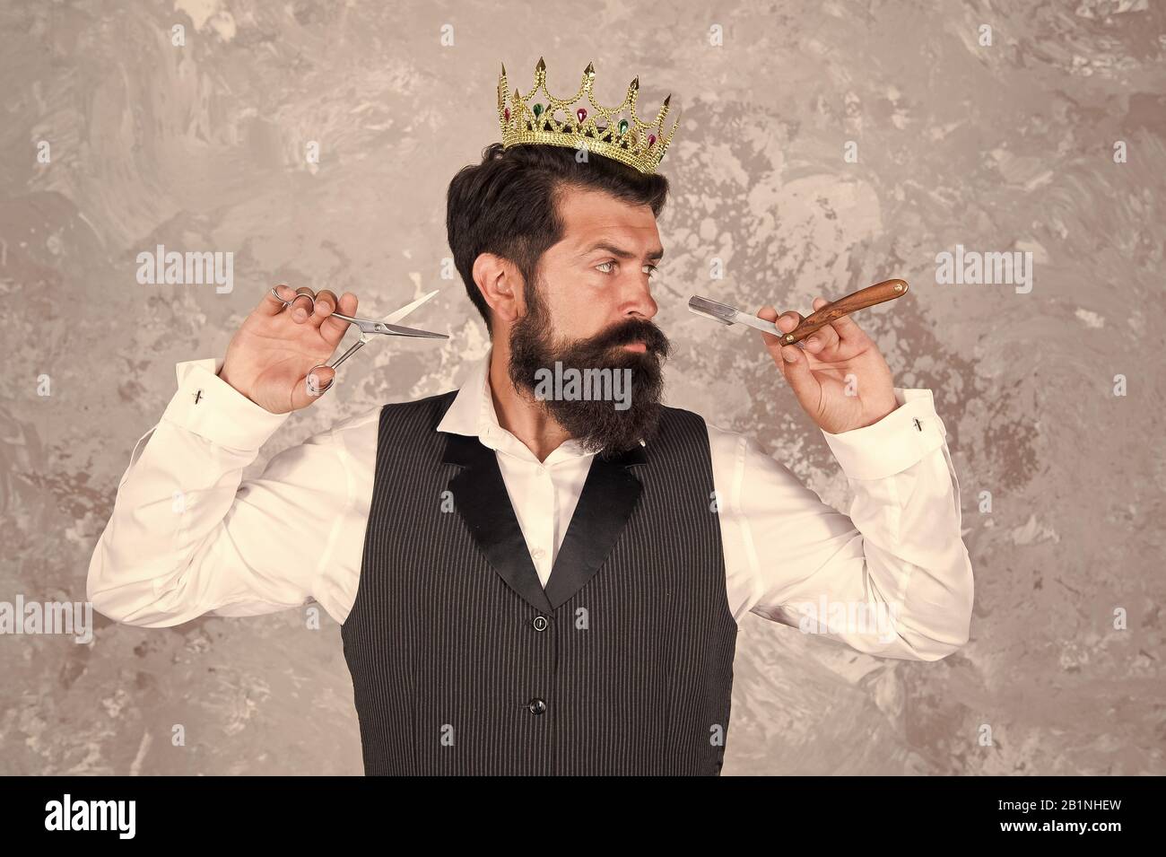 He knows formula for success. Bearded man wear crown on abstract ...