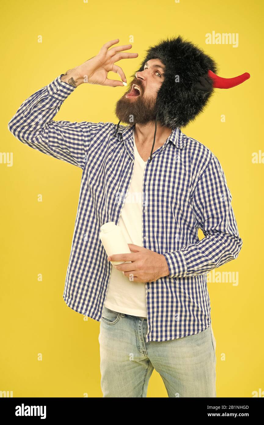 Feel better. Medication intake time. Sick hipster take medical drugs ...