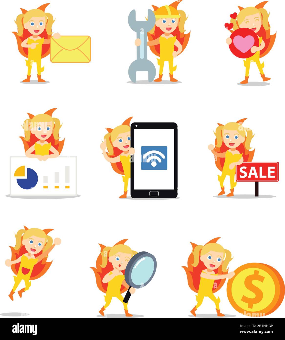 Set character of the girl in fire with light and smoke Stock Vector ...