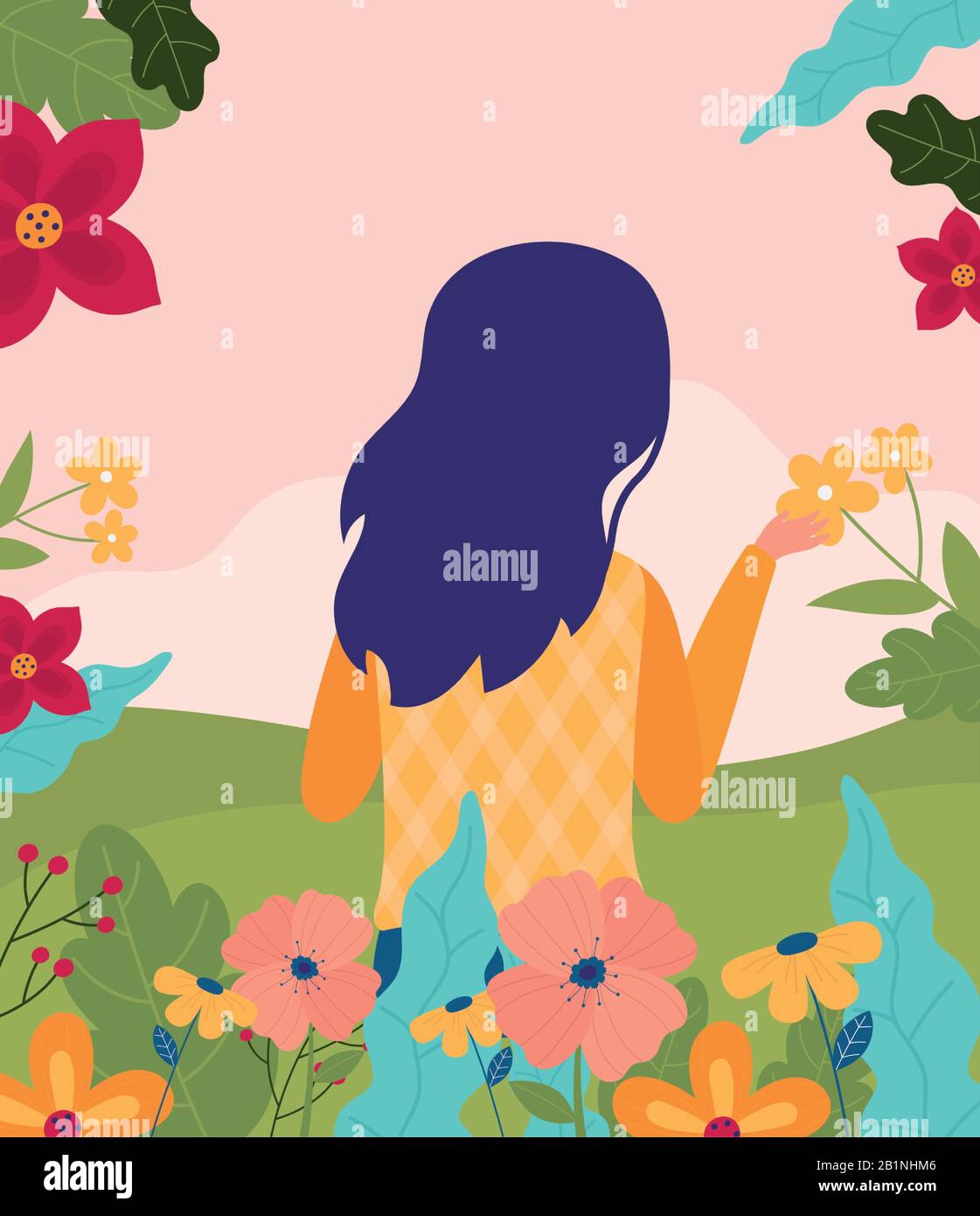 hello spring back view woman with flowers grass nature scene season ...