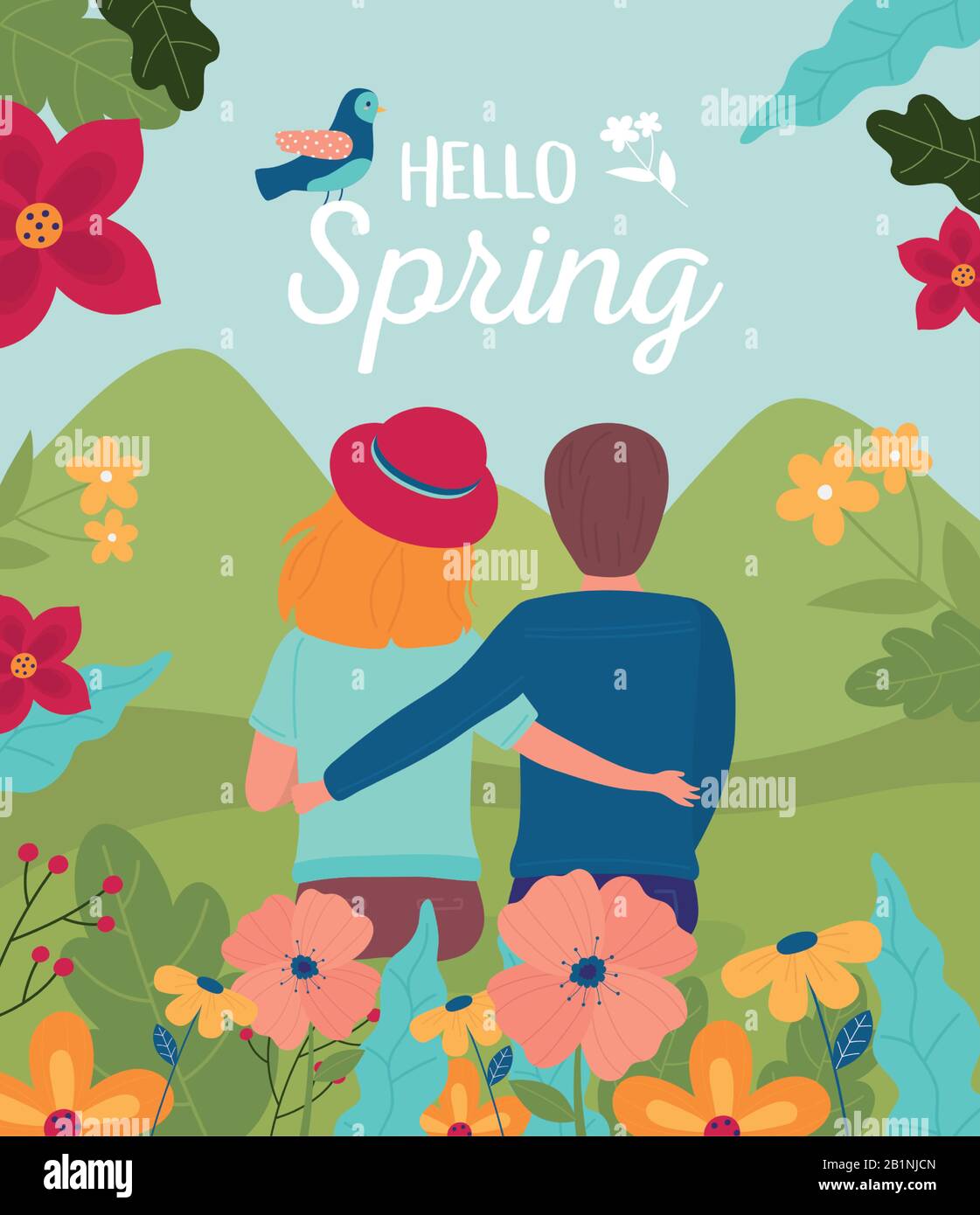 hello spring couple embraced charcter landscape flowers nature bird ...