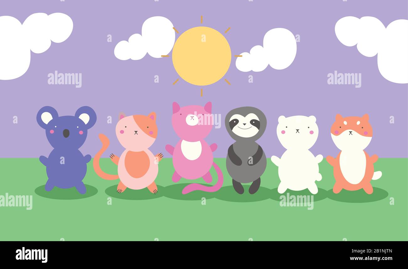 cute little animals in the field kawaii characters Stock Vector Image ...