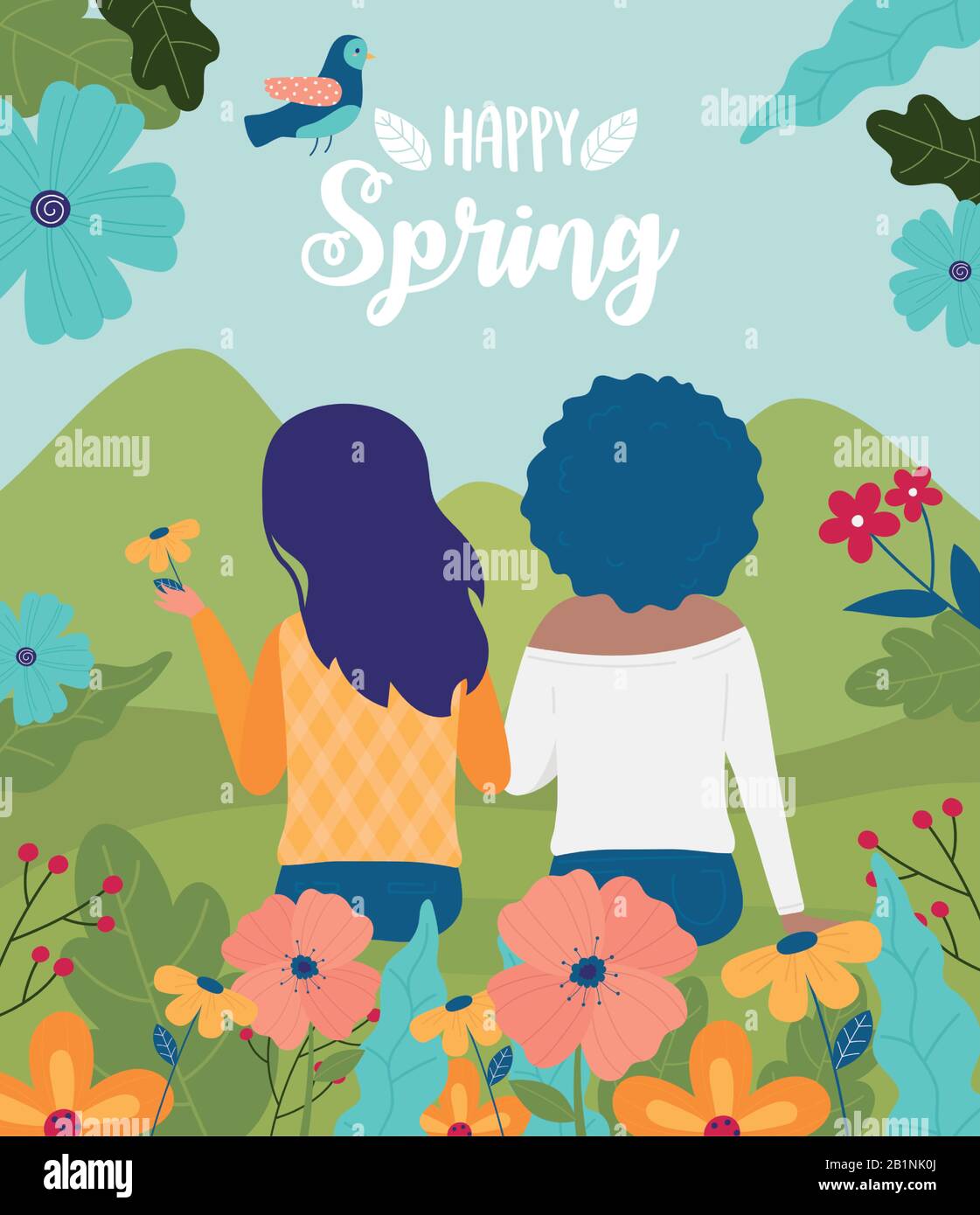 hello spring back view women with flowers bird grass nature season ...