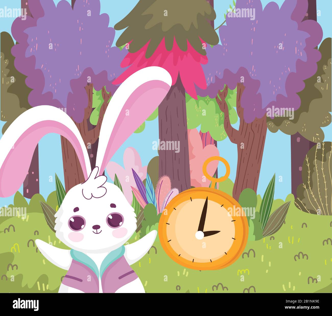 wonderland, rabbit and clock trees forest grass vector illustration ...