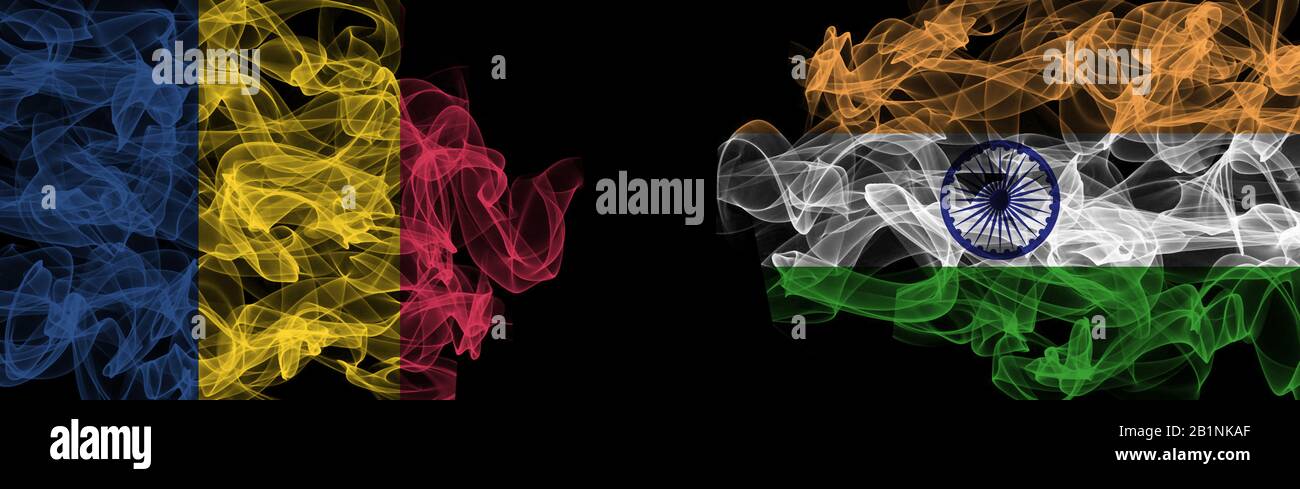 Flags of Romania and India on Black background, Romania vs India Smoke ...