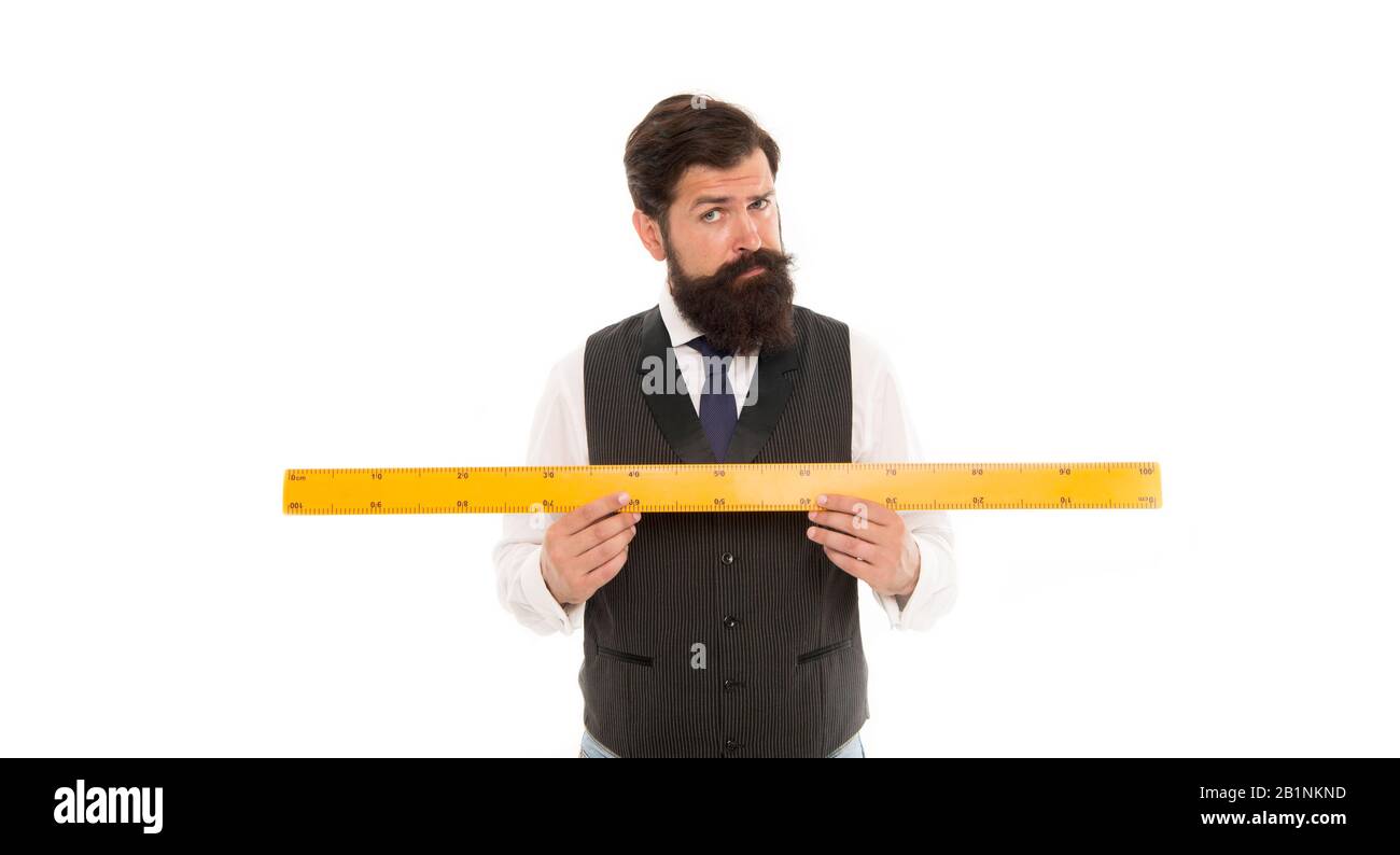 Big size. Measure and control. bearded man with ruler isolated on white ...