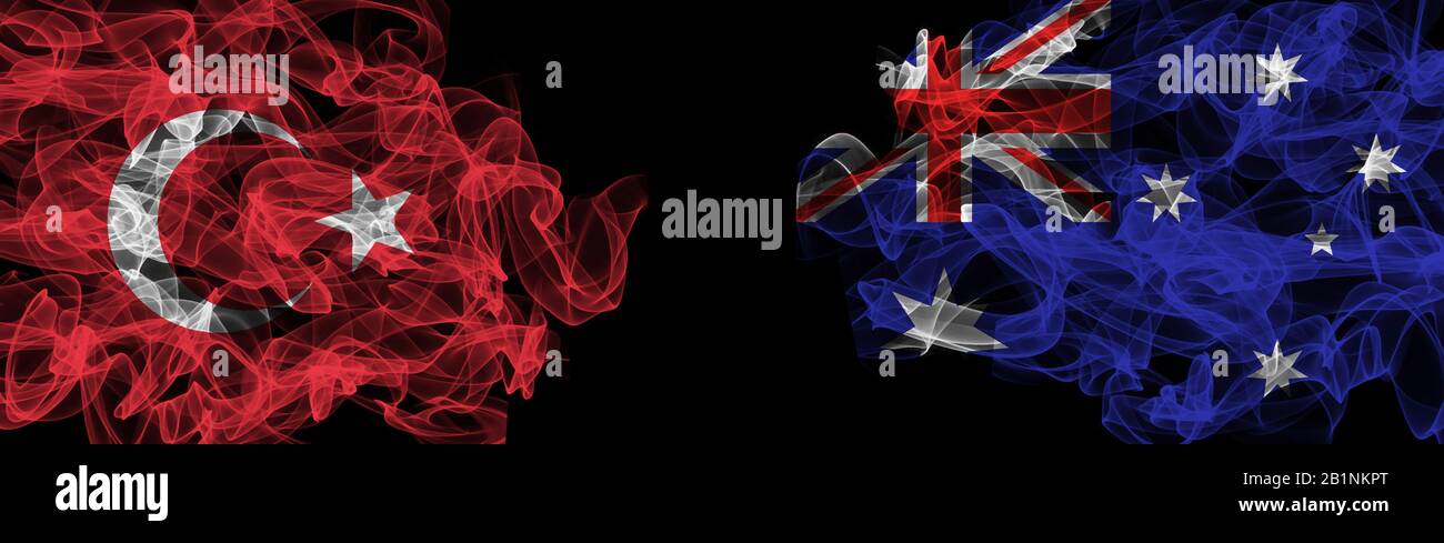 Flags of Turkey and Australia on Black background, Turkey vs Australia ...