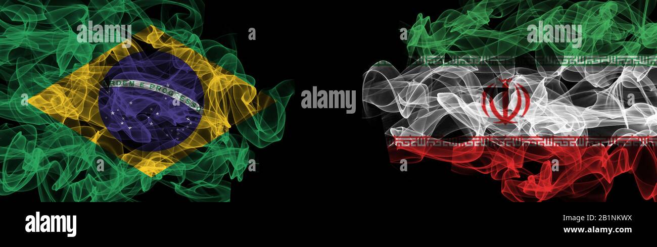 Flags of Brazil and Iran on Black background, Brazil vs Iran Smoke ...