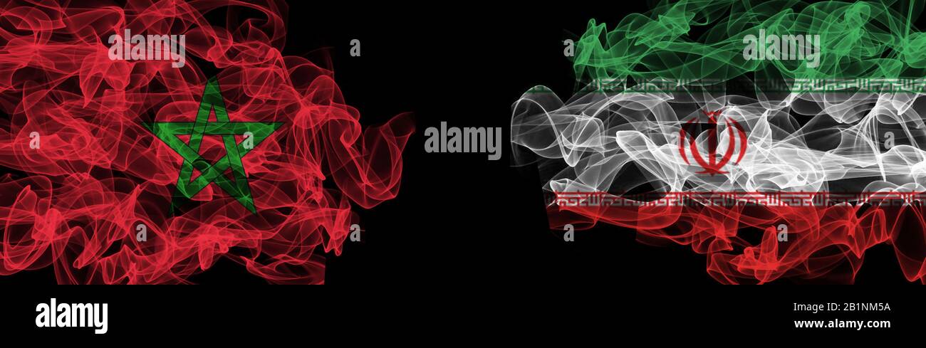 Flags of Morocco and Iran on Black background, Morocco vs Iran Smoke ...