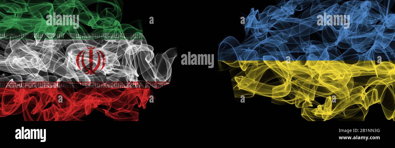 Flags of Iran and Ukraine on Black background, Iran vs Ukraine Smoke ...