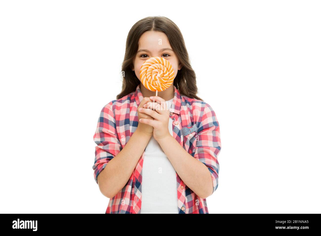 Food addictions. Girl kid eat sweet lollipop. Happy childhood. Sugar ...