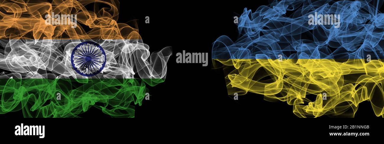 Flags of India and Ukraine on Black background, India vs Ukraine Smoke ...