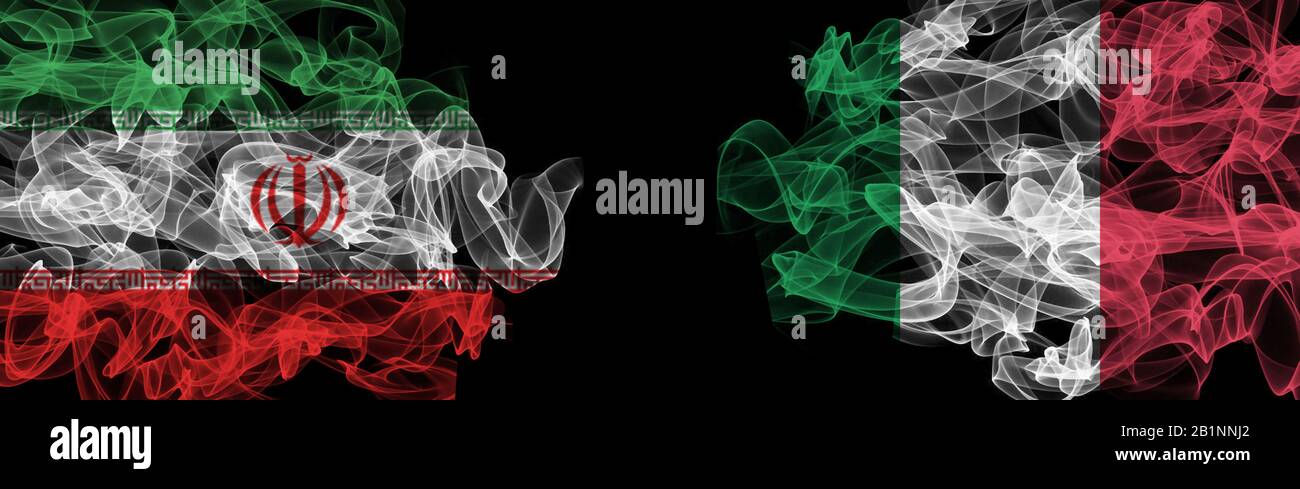 Flags of Iran and Italy on Black background, Iran vs Italy Smoke Flags ...