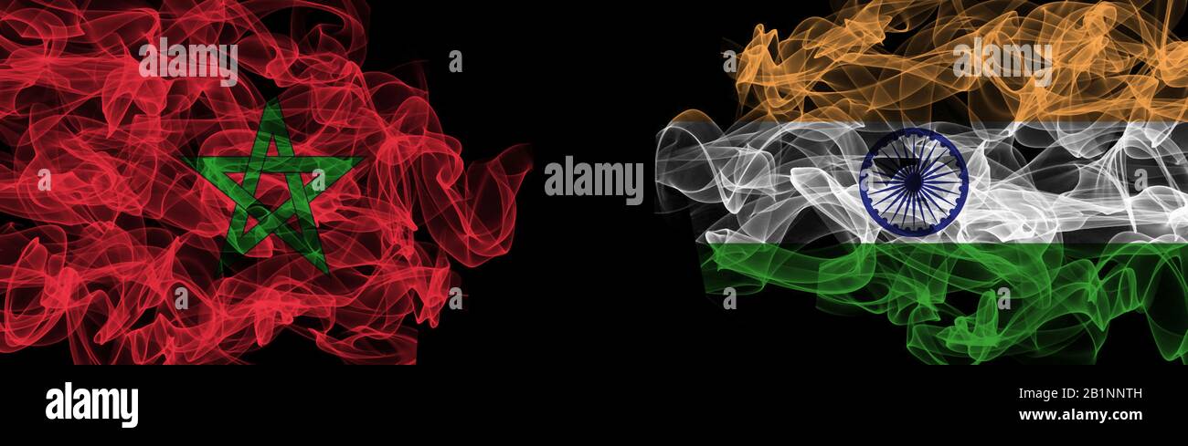Flags of Morocco and India on Black background, Morocco vs India Smoke ...