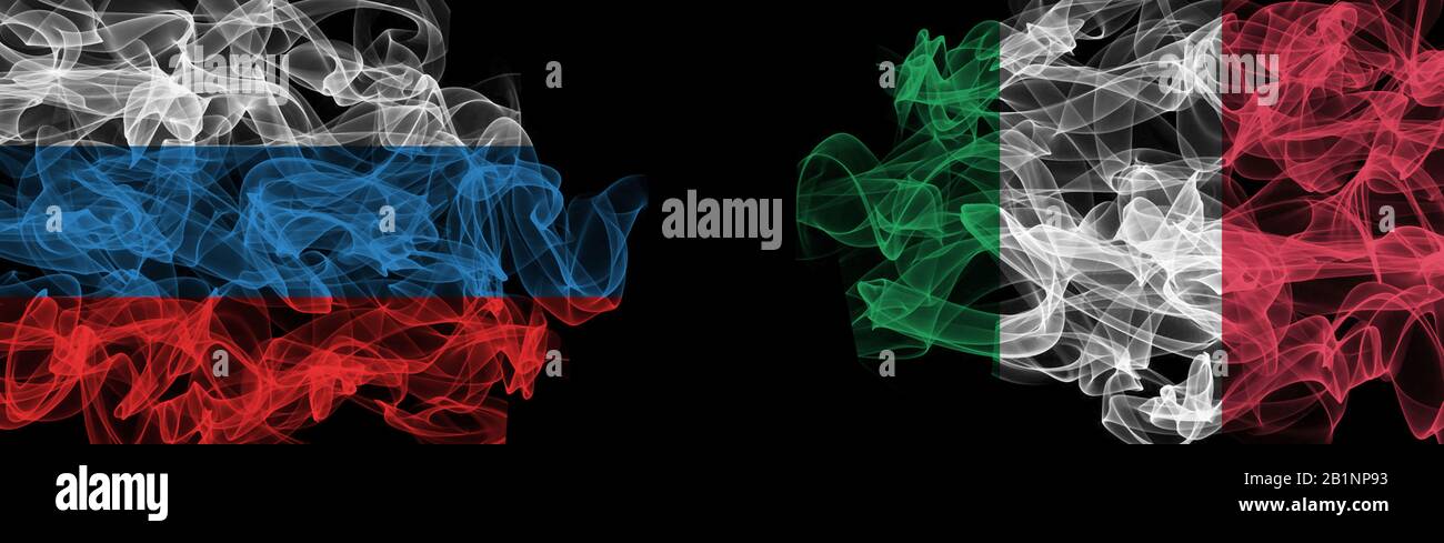 Flags of Russia and Italy on Black background, Russia vs Italy Smoke ...