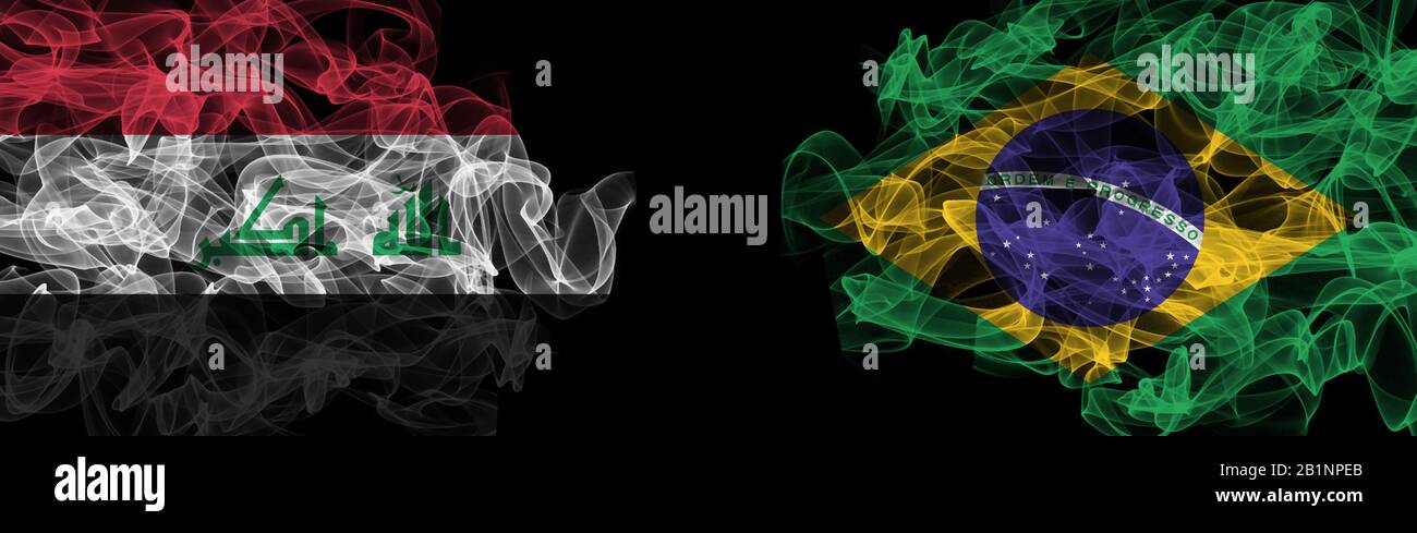 Flags of Iraq and Brazil on Black background, Iraq vs Brazil Smoke ...