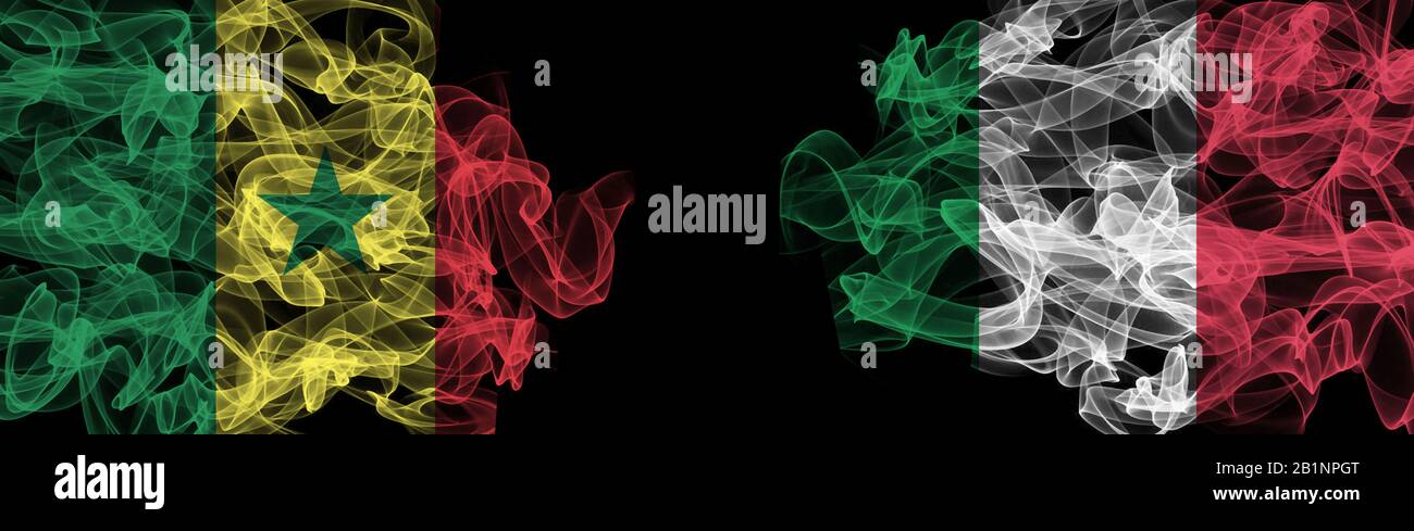 Flags of Senegal and Italy on Black background, Senegal vs Italy Smoke ...