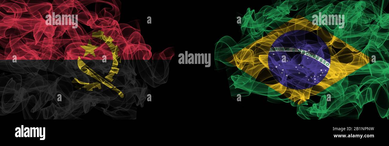 Flags of Angola and Brazil on Black background, Angola vs Brazil Smoke ...