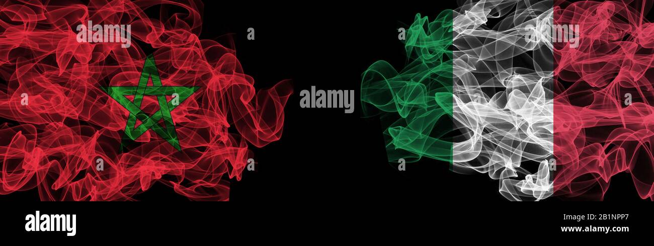 Flags of Morocco and Italy on Black background, Morocco vs Italy Smoke ...