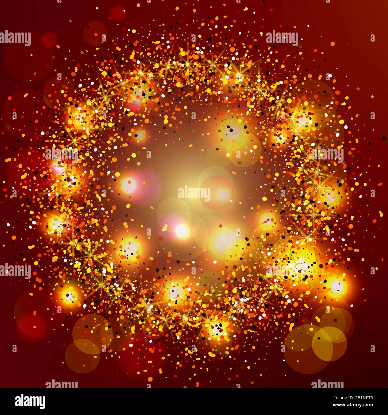 Falling gold and colorful particles in circle form on dark background ...