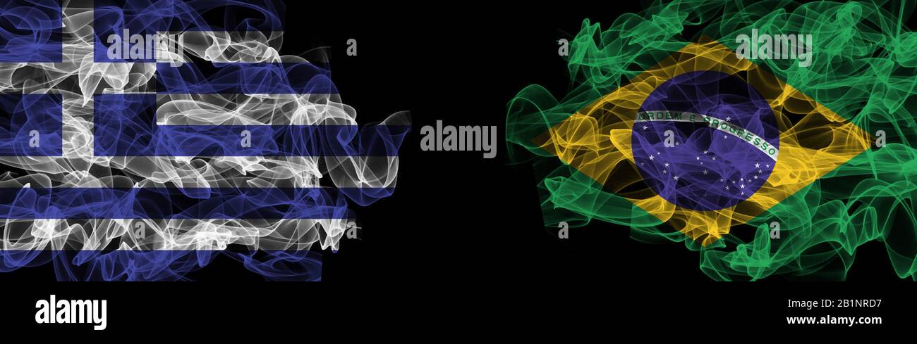Flags of Greece and Brazil on Black background, Greece vs Brazil Smoke ...