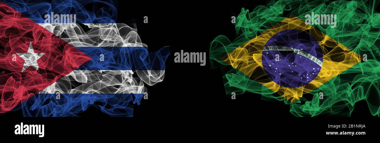 Flags of Cuba and Brazil on Black background, Cuba vs Brazil Smoke ...