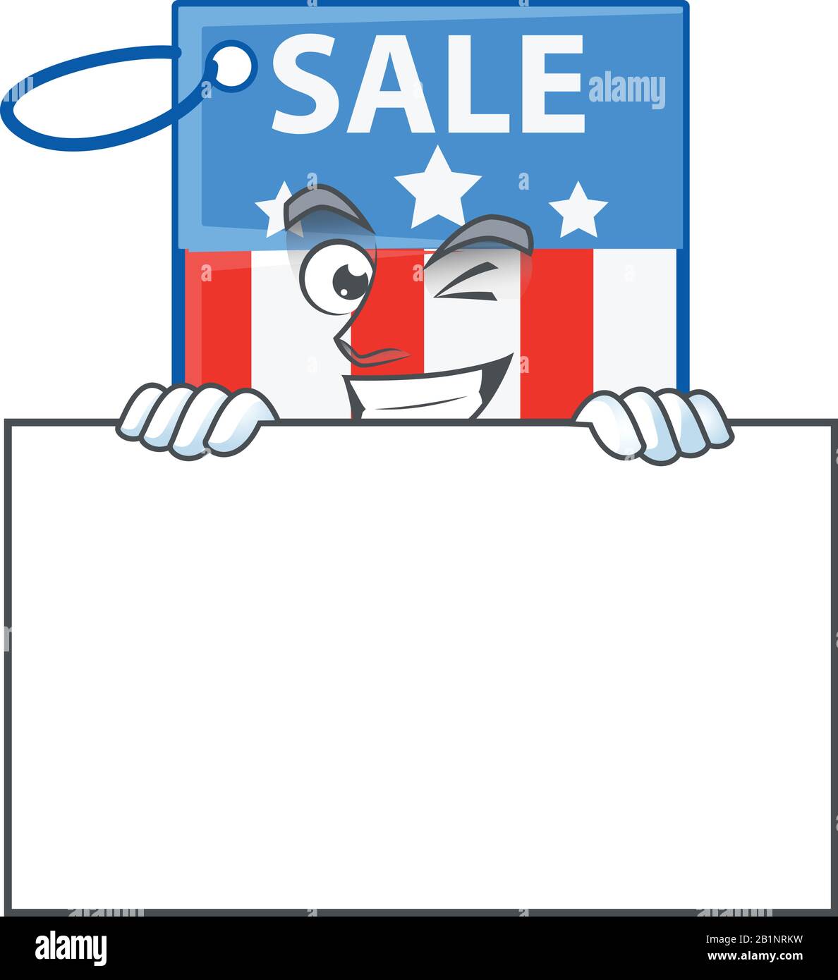 USA price tag cartoon character with funny face hides behind a board ...