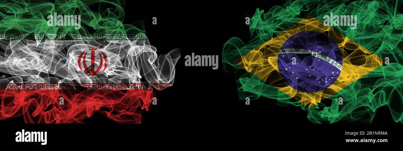 Flags of Iran and Brazil on Black background, Iran vs Brazil Smoke ...