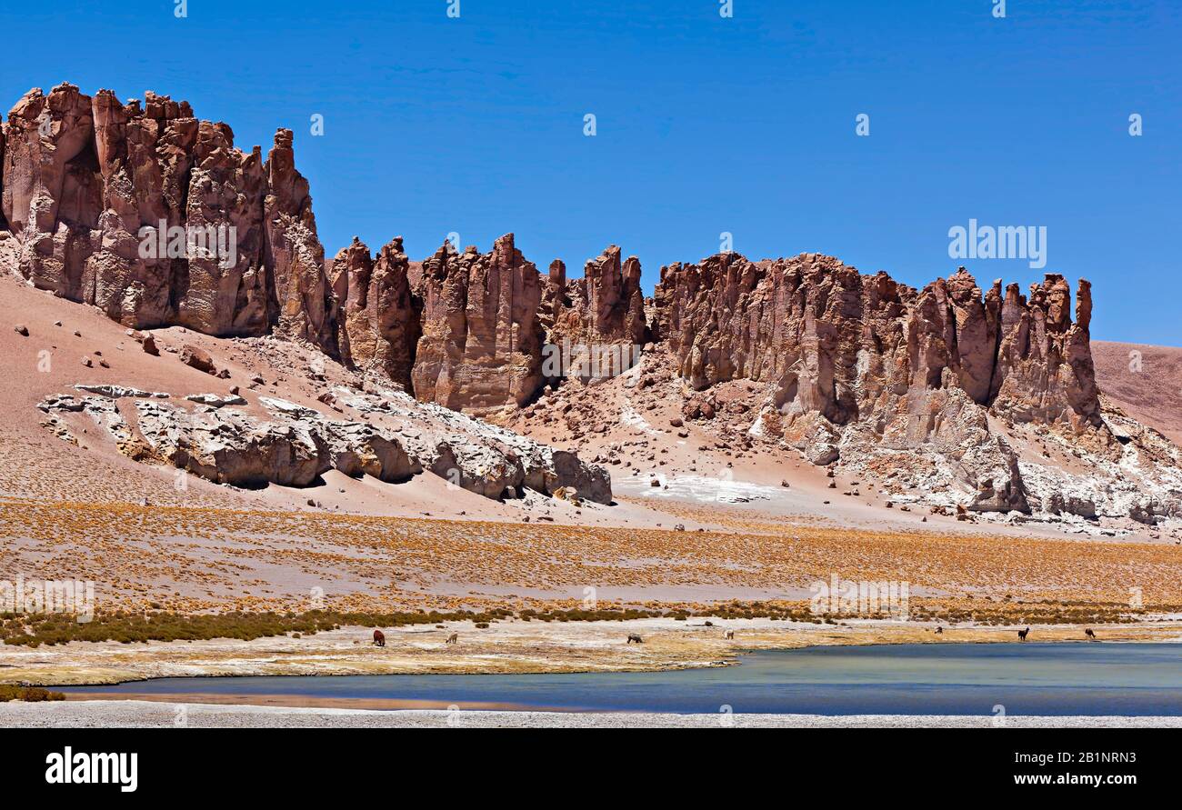 The wind-eroded cathedrals of Tara rock formations tower over lake ...
