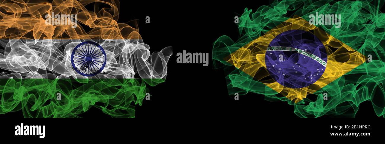 Flags of India and Brazil on Black background, India vs Brazil Smoke ...