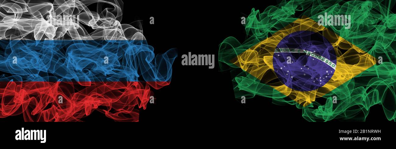 Flags of Russia and Brazil on Black background, Russia vs Brazil Smoke ...