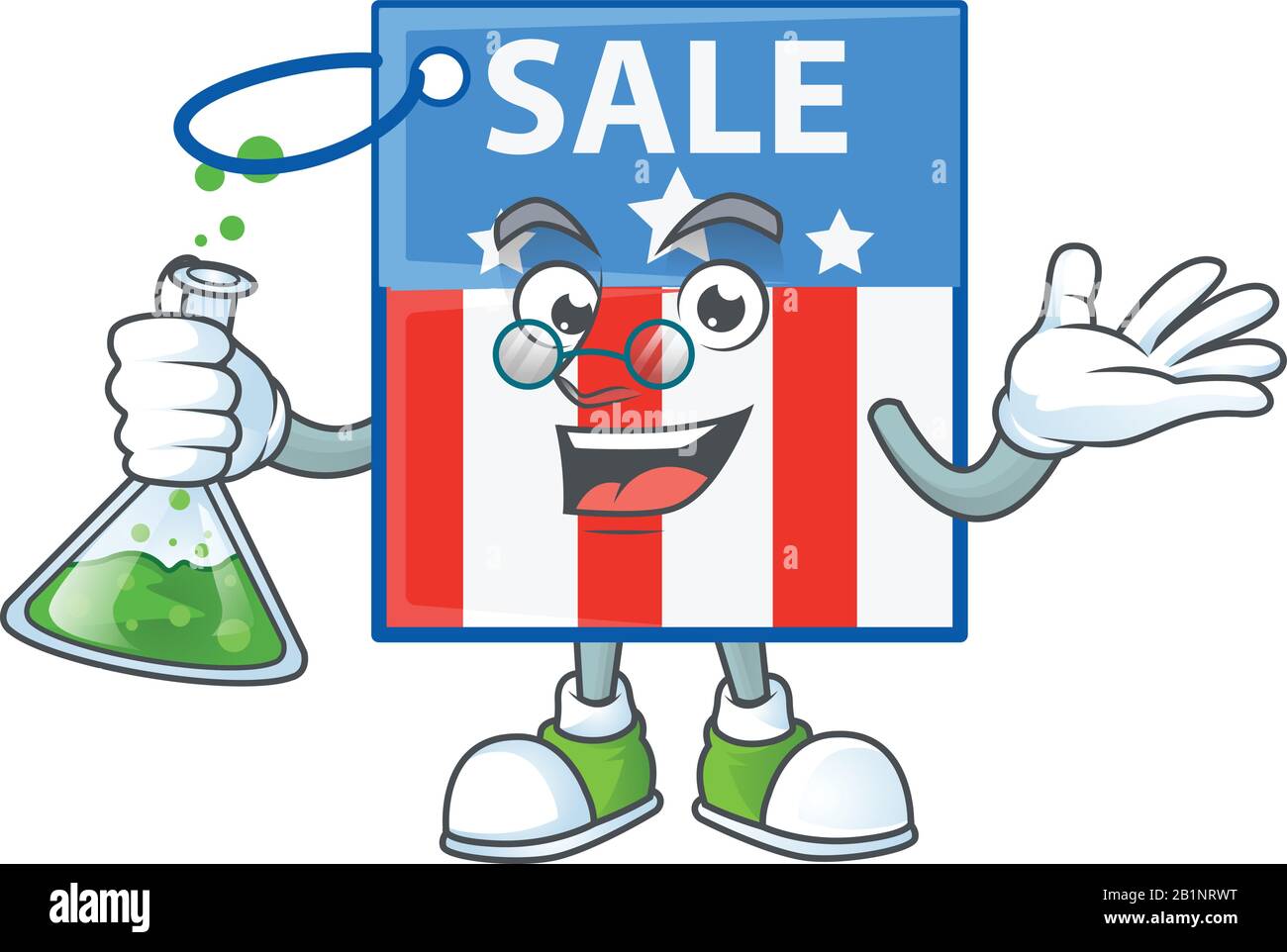 A genius Professor USA price tag cartoon character with glass tube ...