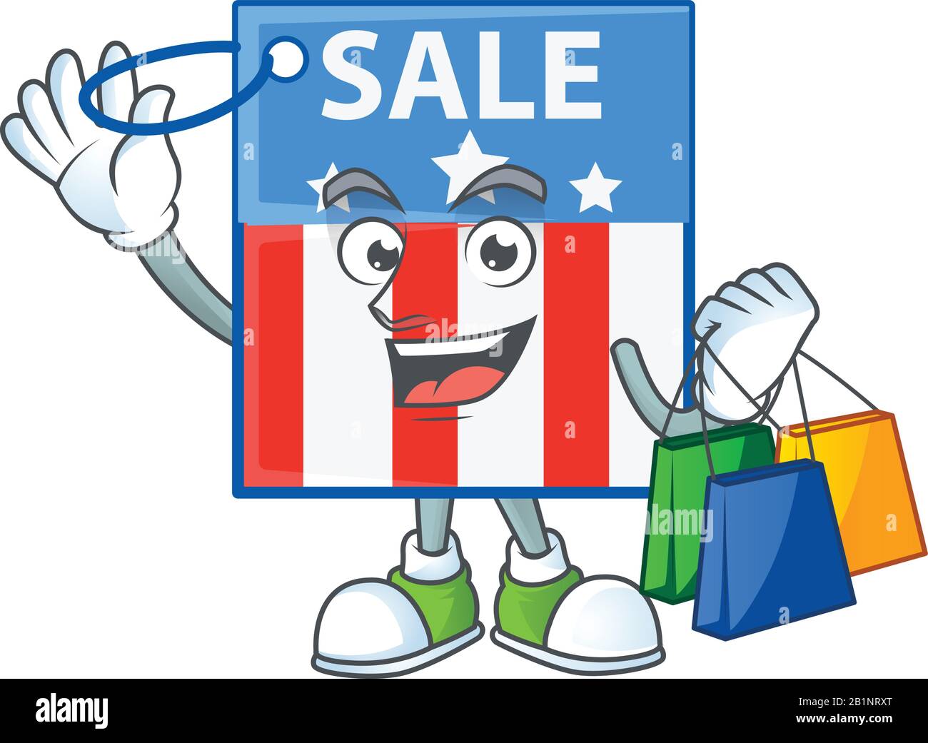 A rich USA price tag cartoon design waving and holding Shopping bag ...