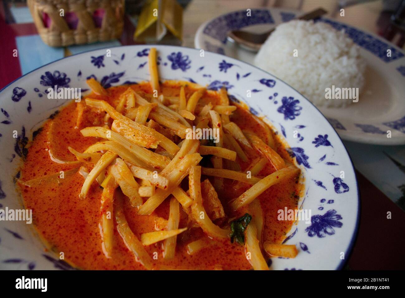 Thai red curry (gaeng dang) with fried tofu and bamboo shoots and rice ...